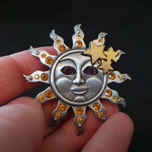 Vintage Signed JJ Pewter Rhinestone Amber Purple Sun Stars Brooch Pin ...
