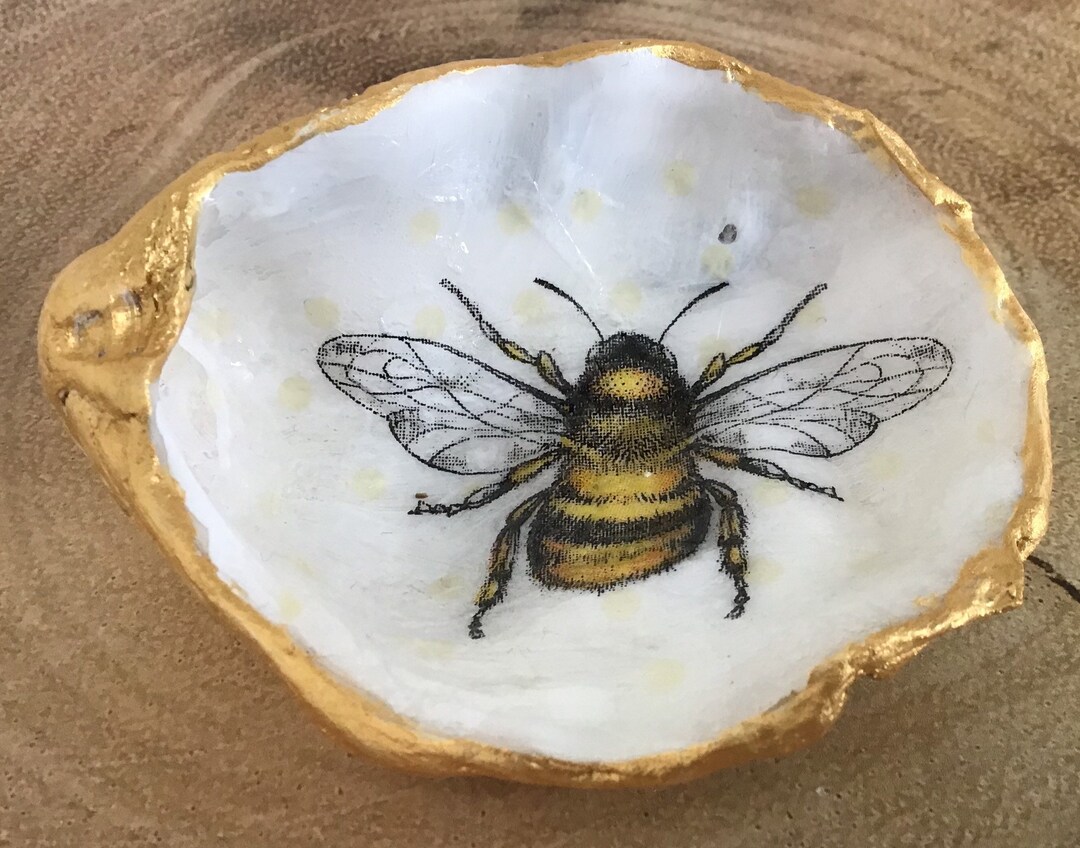 Jewellery Holder Bumble Bee Oyster Shell Trinket, Gold Edges, Gloss ...