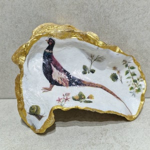 Pheasant Woodland Oyster Shell Trinket Jewellery Holder Bird Gold Edge ...