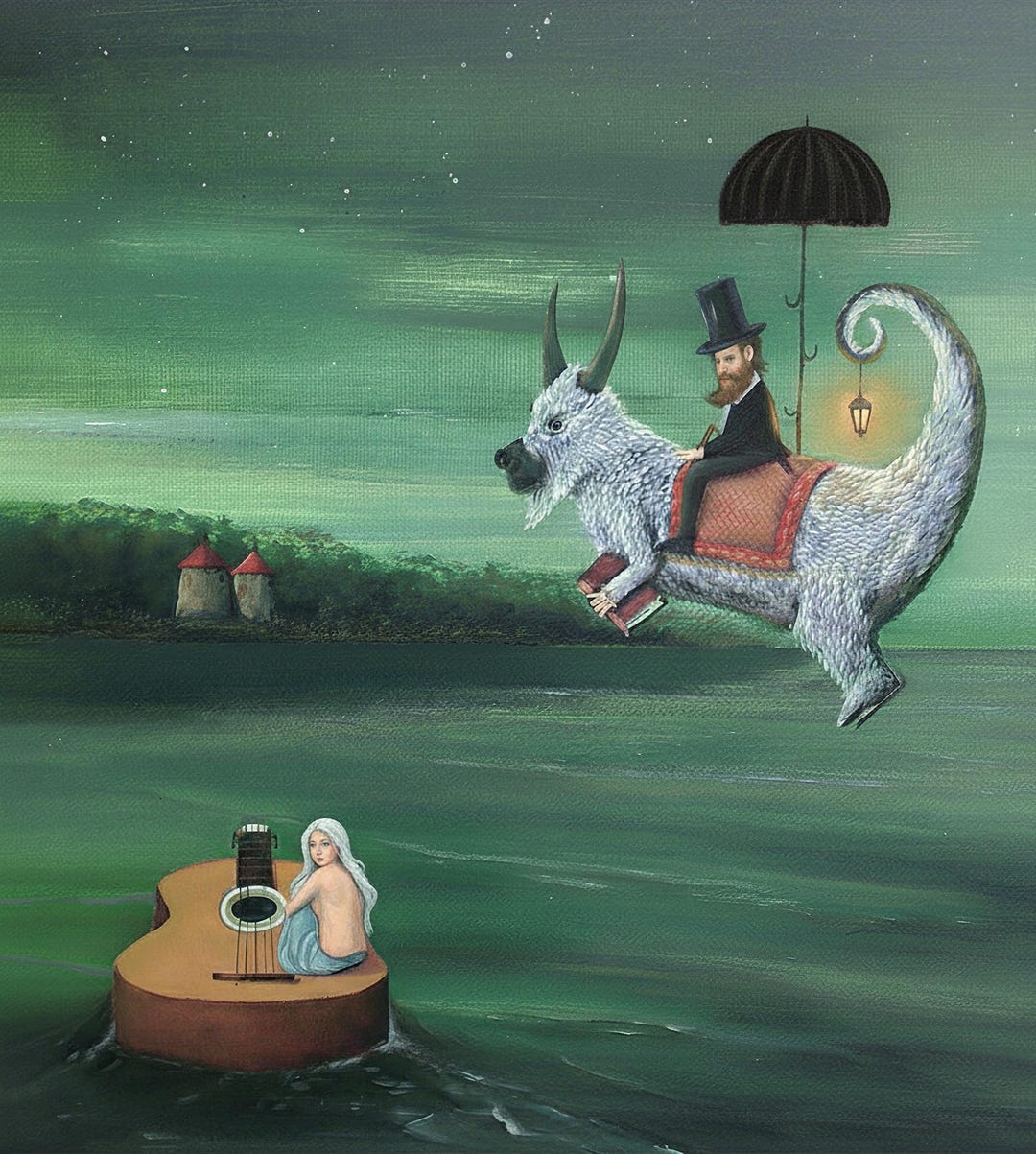 Surreal Night Print "fluid Sounds" - Guitar & Fantasy Creature ...