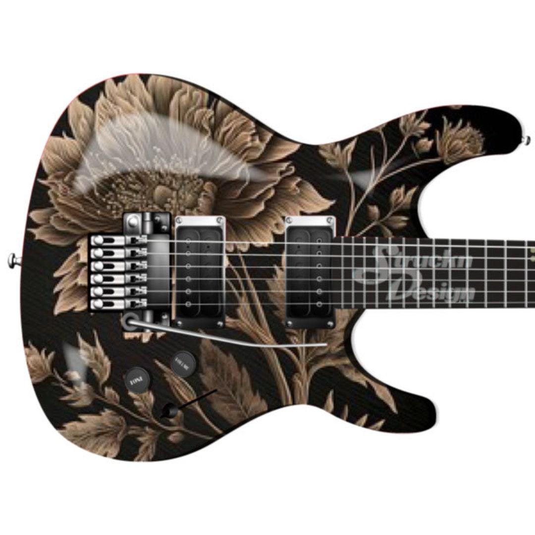 Beige Floral Flower Element Black Metal Bass Vinyl Decal Guitar Wrap ...