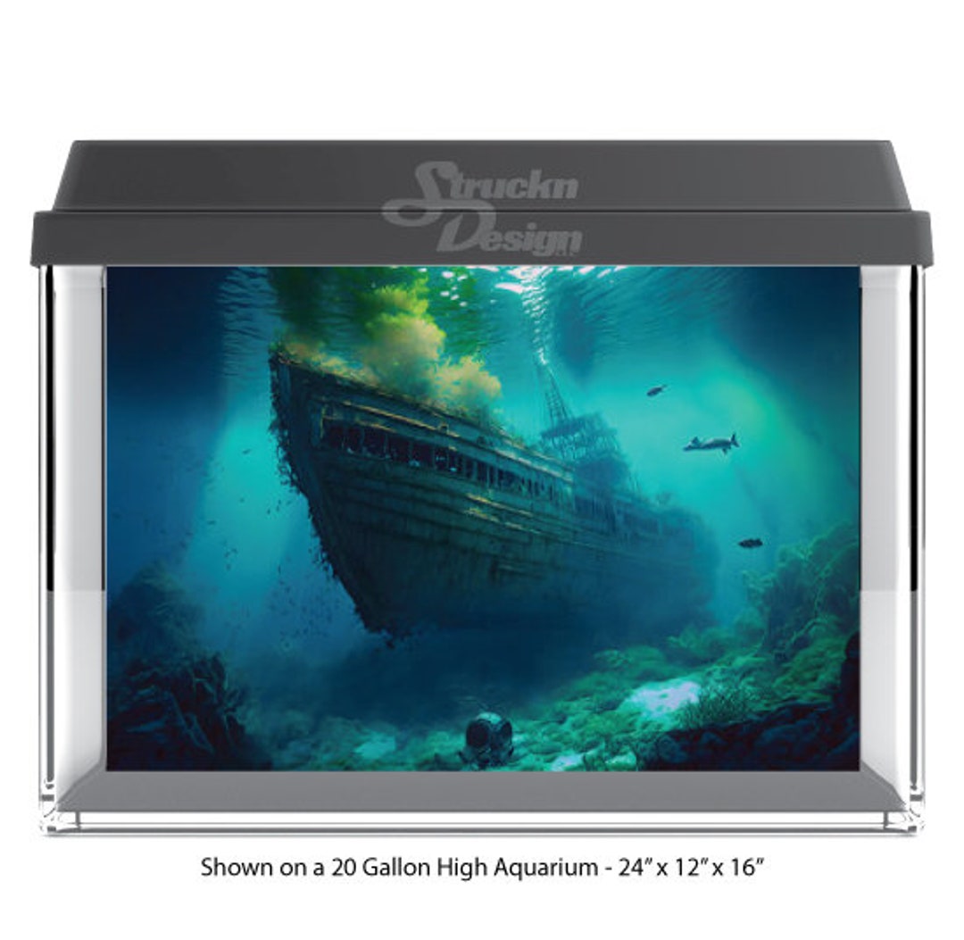 Underwater Ship Wreck Seaweed Cyan Sun Rays 10mil Polyester Fish Tank ...