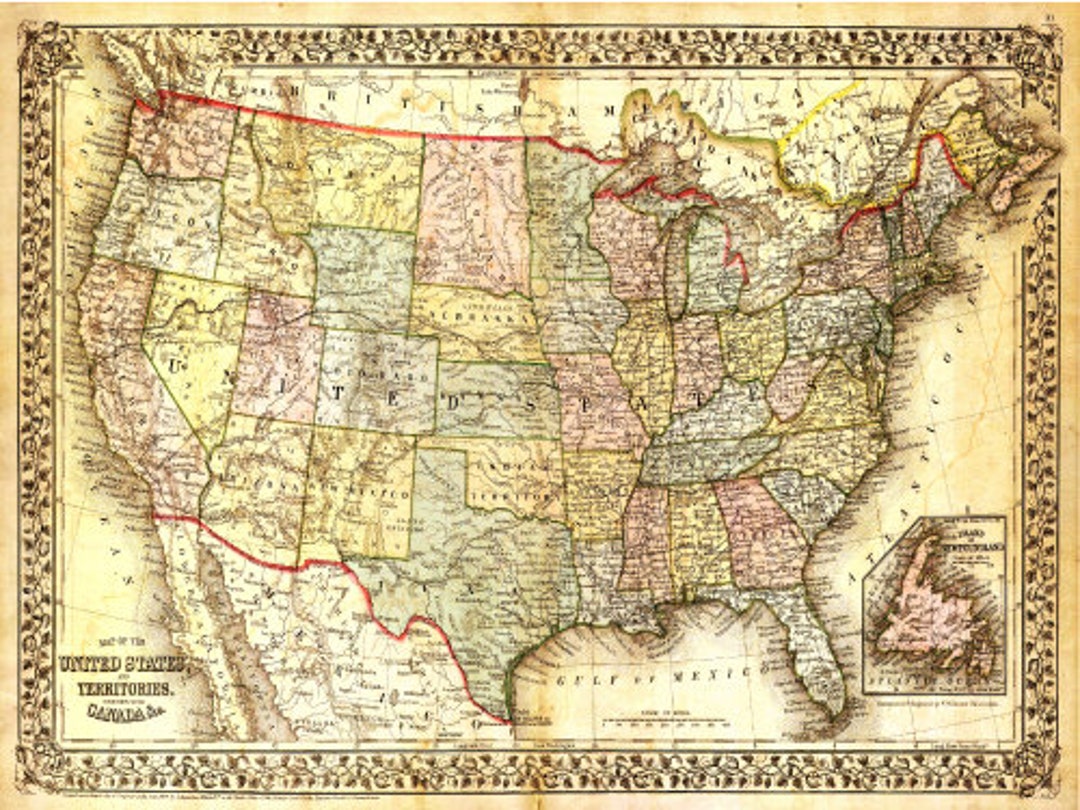 US Territories and States Old Time Map Poster Print Paper OR Wall Vinyl ...
