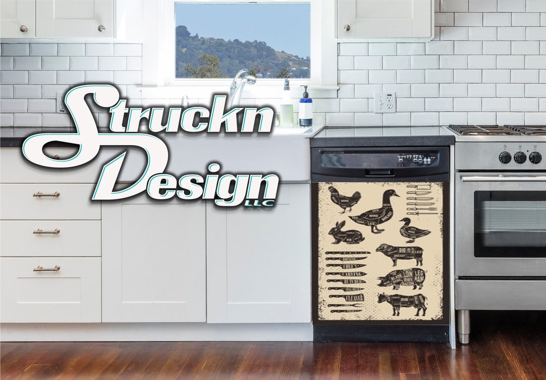 Vintage Butcher Meat Diagram Black Beige Dishwasher Wrap Dishes Front ...