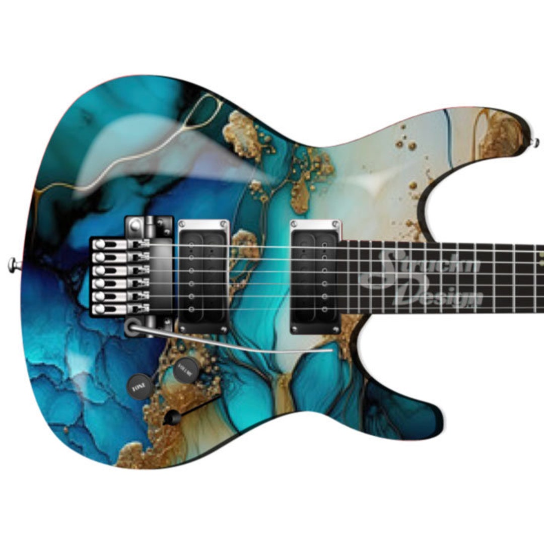Marble Cyan Golden White Waves Guitar Bass Metal Vinyl Wrap Skin Decal ...
