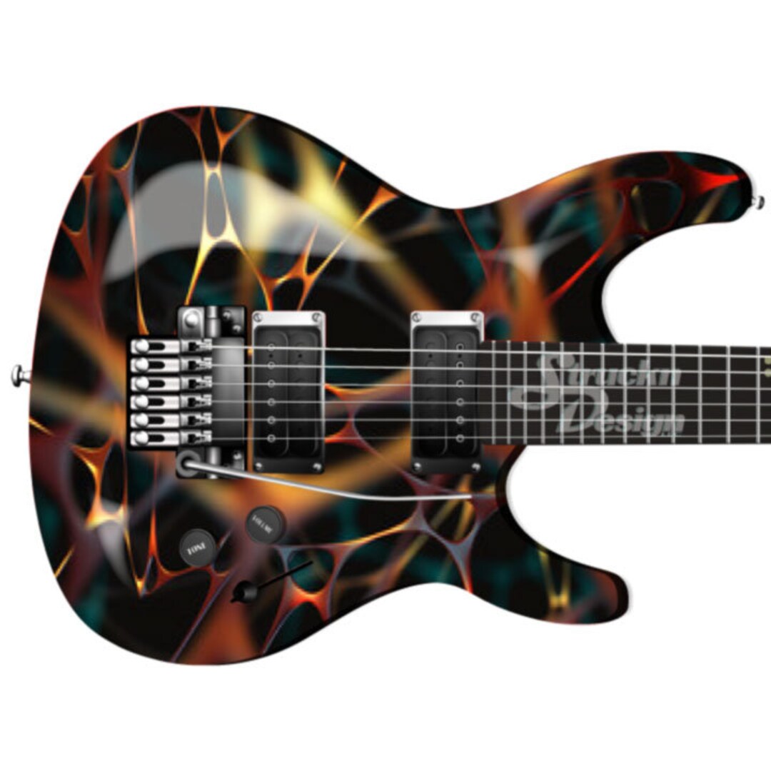 Blue Orange Gold Techno Abstract 3D Bass Metal Vinyl Guitar Wrap Skin ...