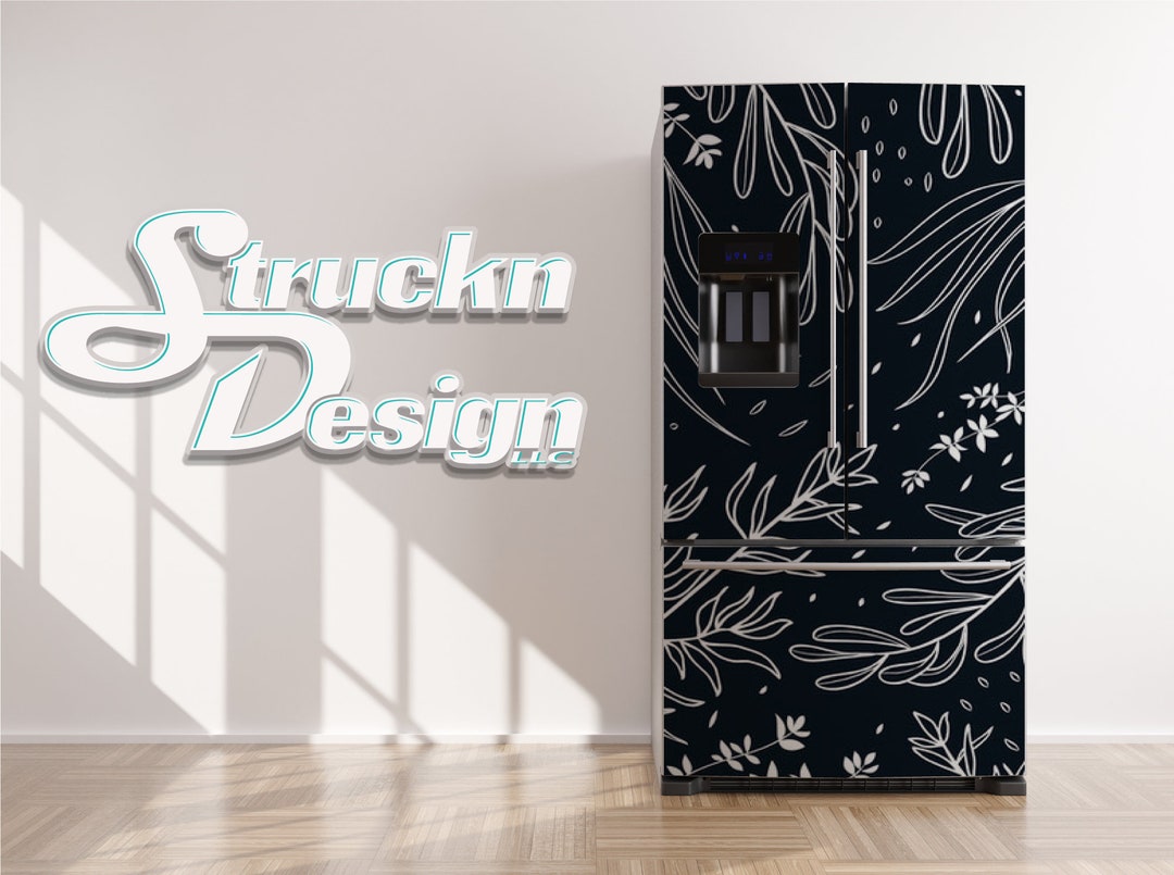Bold Floral Leaf Black White Abstract Refrigerator Fridge Freezer Wrap ...
