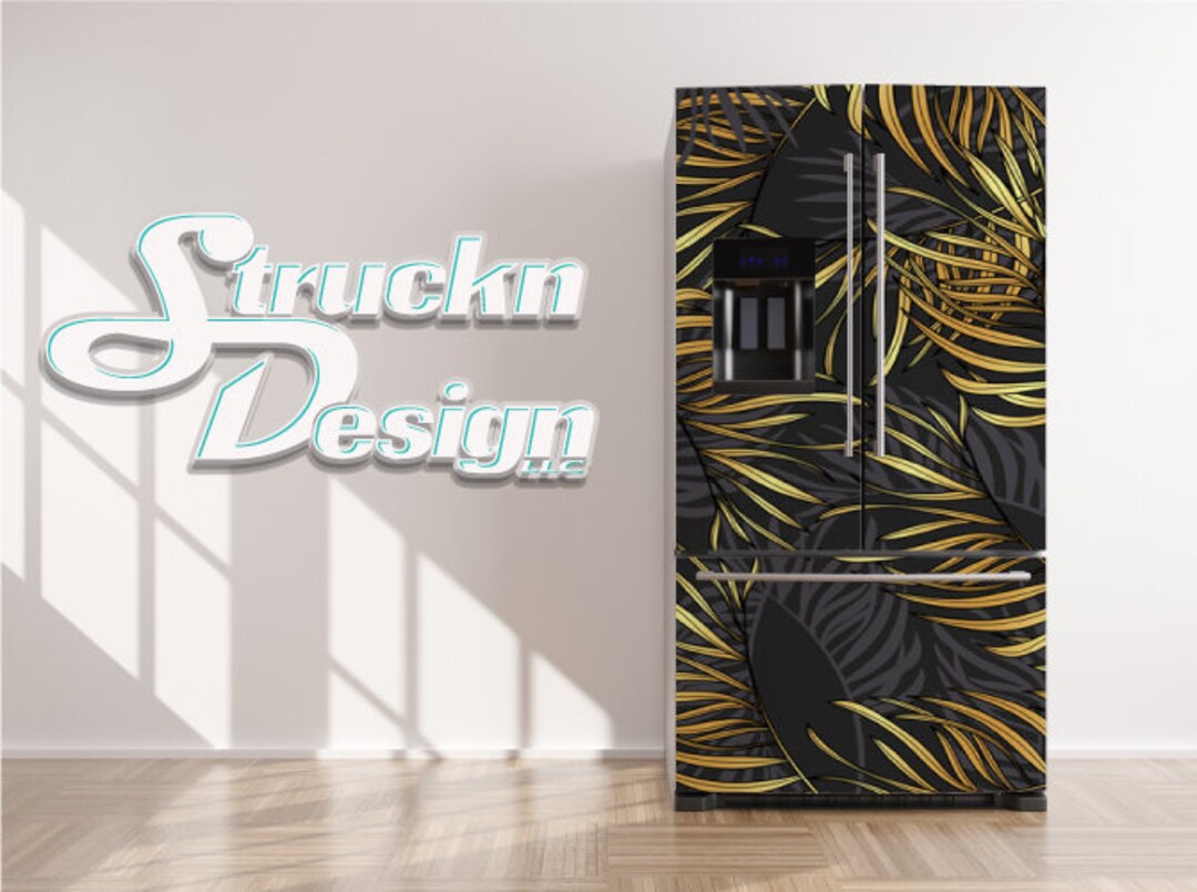 Luxury Black Gold Deco Leaves Palm Tropical Refrigerator Fridge Freezer ...