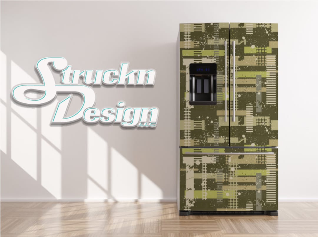 Geometric Technical Camouflage Green Tan Refrigerator Fridge Freezer ...