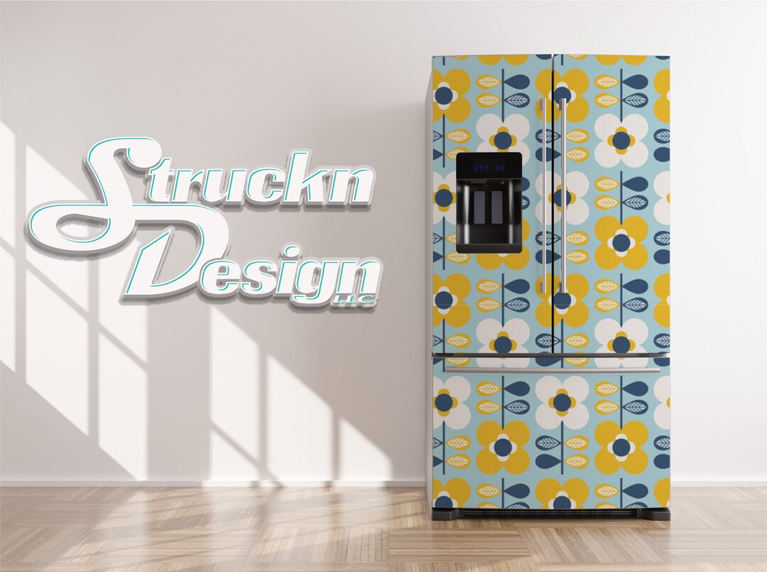 Blue Yellow Graphic Flower Pattern Pattern Refrigerator Fridge Freezer ...
