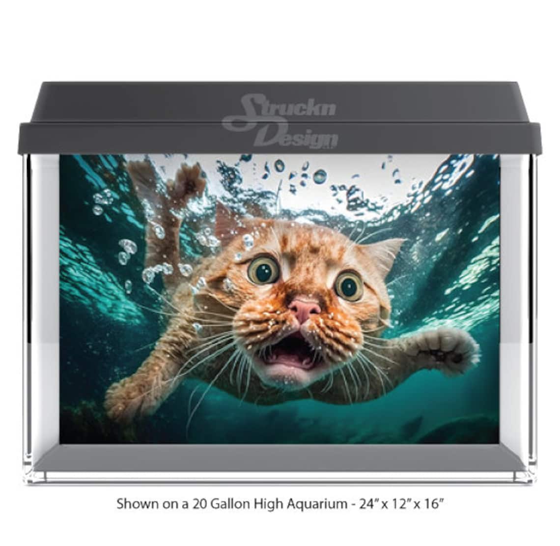 Scared Orange Ginger Cat Swimming Underwater 10mil Polyester Fish Tank ...