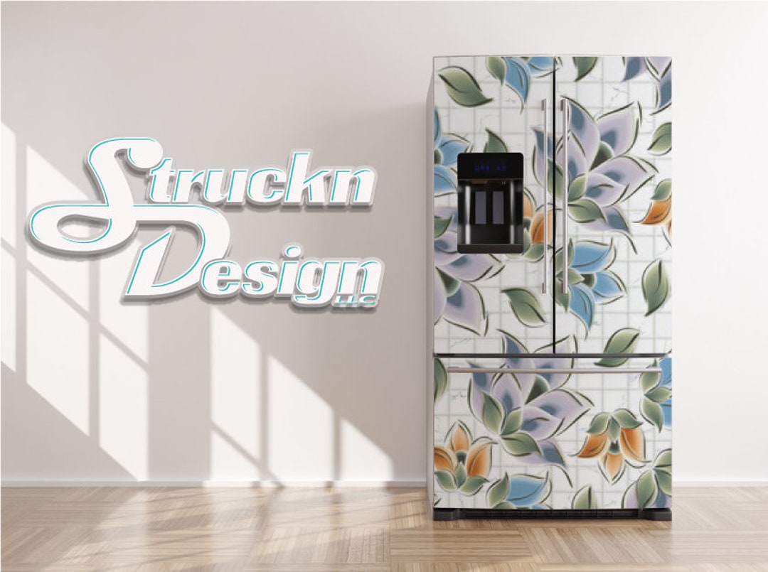 Floral Cyan Blue Yellow Green Pattern Refrigerator Fridge Freezer Wrap ...