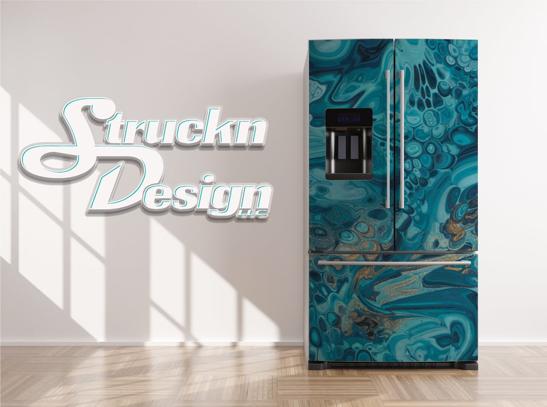 Teal Blue Swirl Paint Texture Gold Refrigerator Fridge Freezer Wrap ...