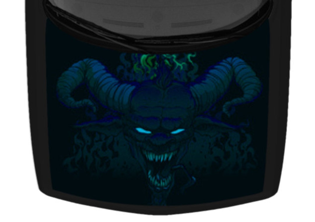 Horned Devil Flame Dark Teal Blue Design Black SUV Van Car Pickup Truck ...