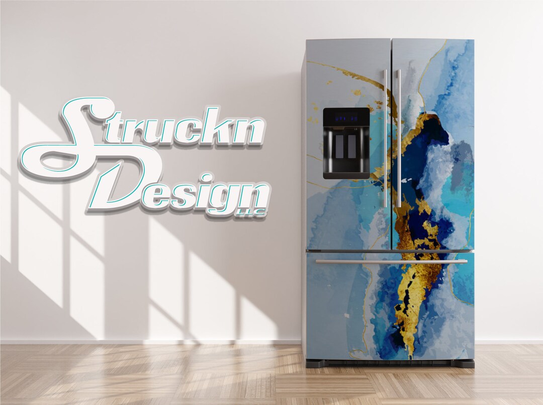 Watercolor Blue Paint Style Gold Lines Refrigerator Fridge Freezer Wrap ...