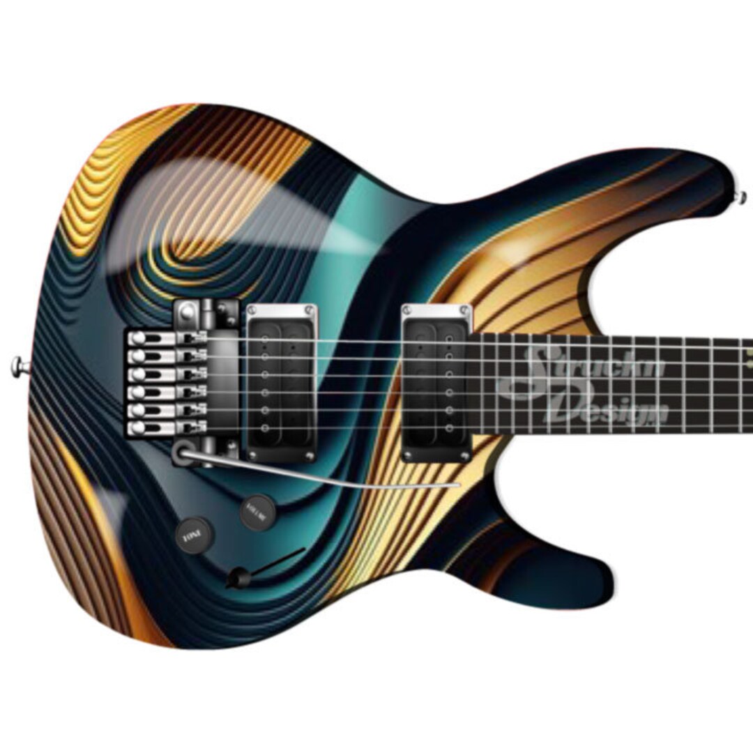 Retro Gold Cyan Waves Curves Guitar Bass Metal Vinyl Wrap Skin Decal ...