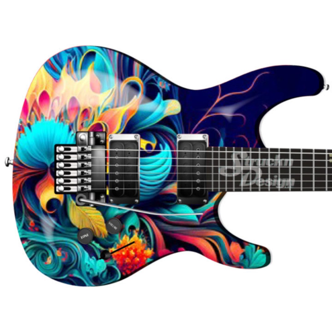 Floral Paint Pattern Cyan Orange Guitar Bass Metal Vinyl Wrap Skin ...