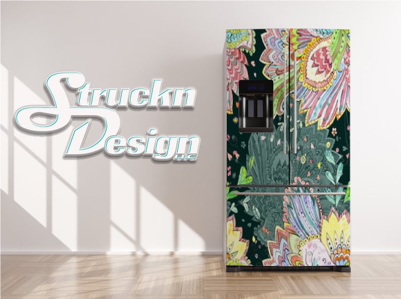 Teal Colorful Paisley Flowers Boho Refrigerator Fridge Freezer Wrap ...