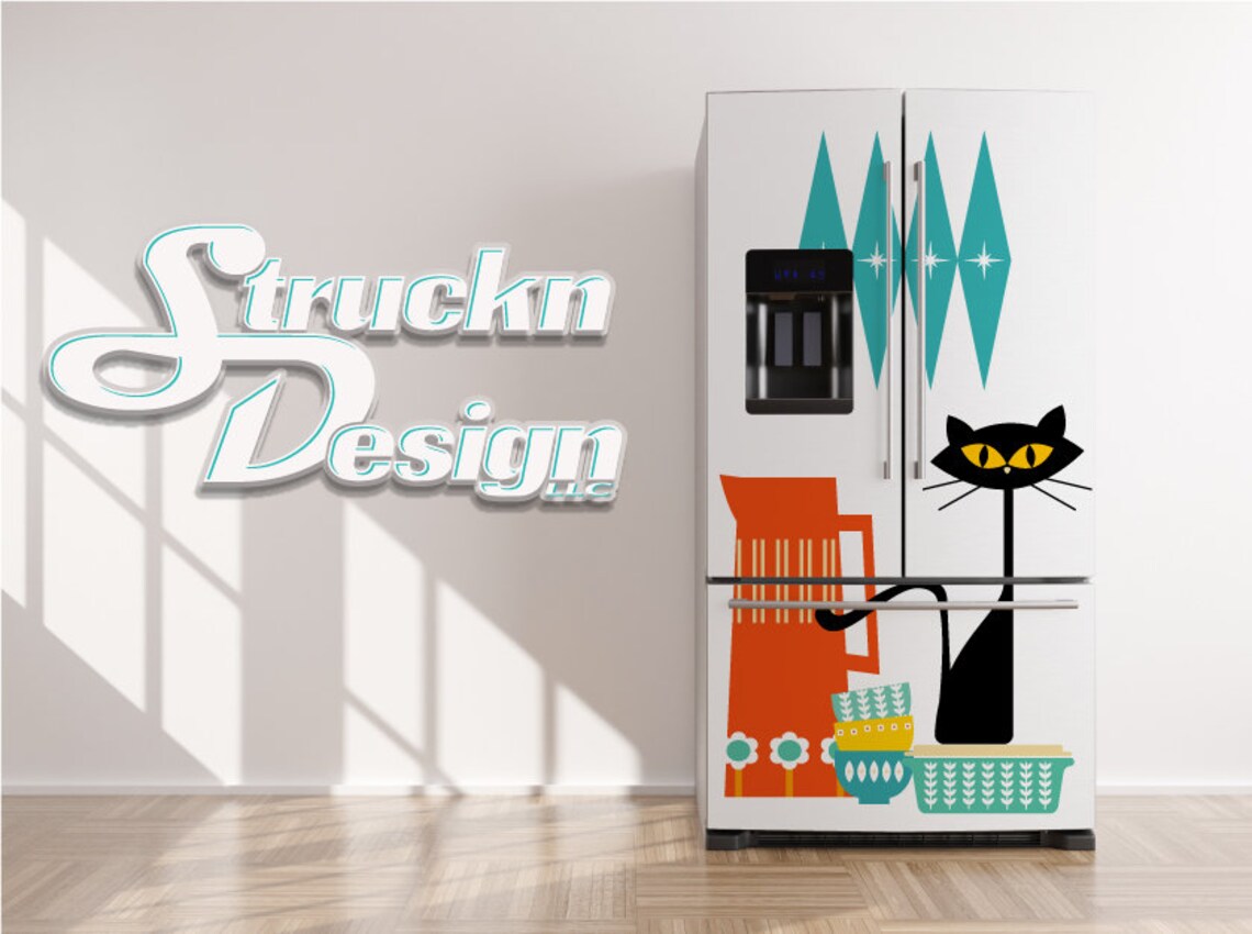Orange Mid Century Modern Teal Atomic Cat Pot Refrigerator Fridge ...