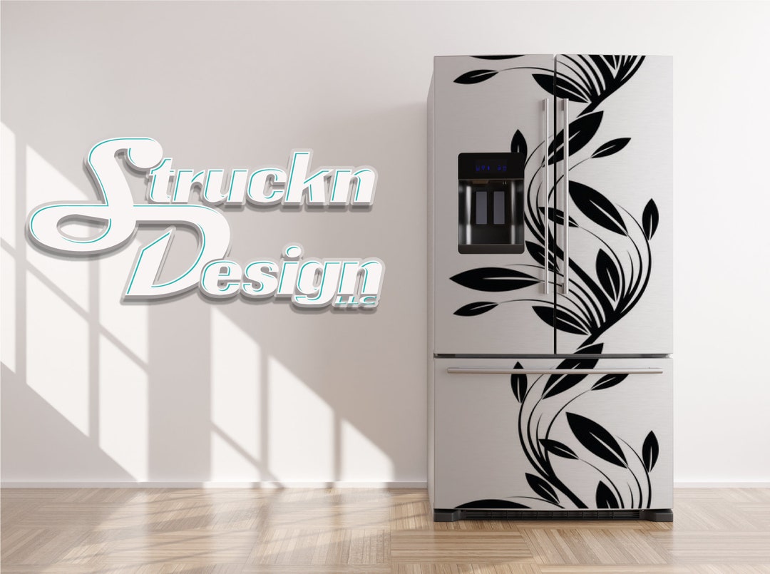 Bold White Black Floral Vine Leaf Refrigerator Fridge Freezer Wrap Side ...