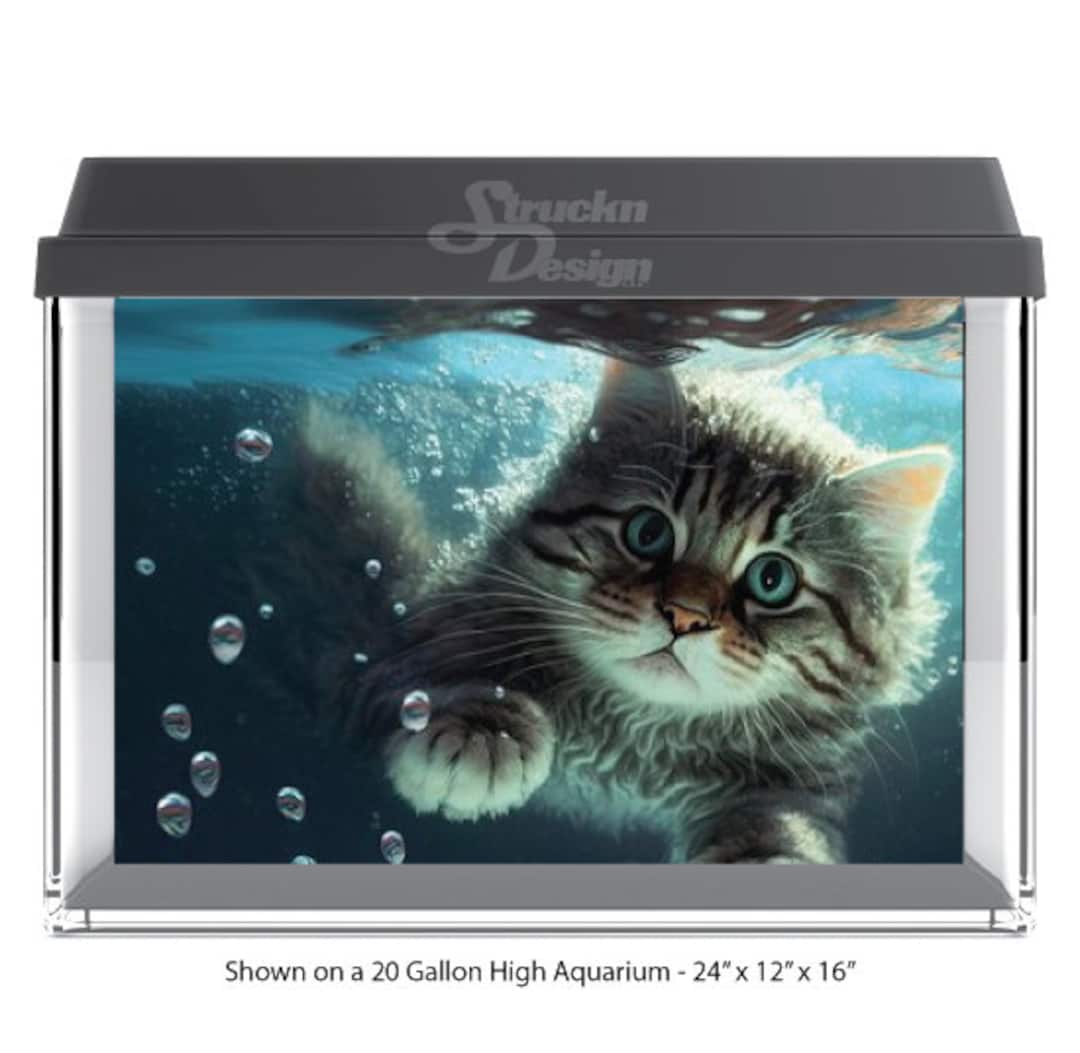 Cute Fluffy Grey Cat Swimming Underwater Dark 10mil Polyester Fish Tank ...