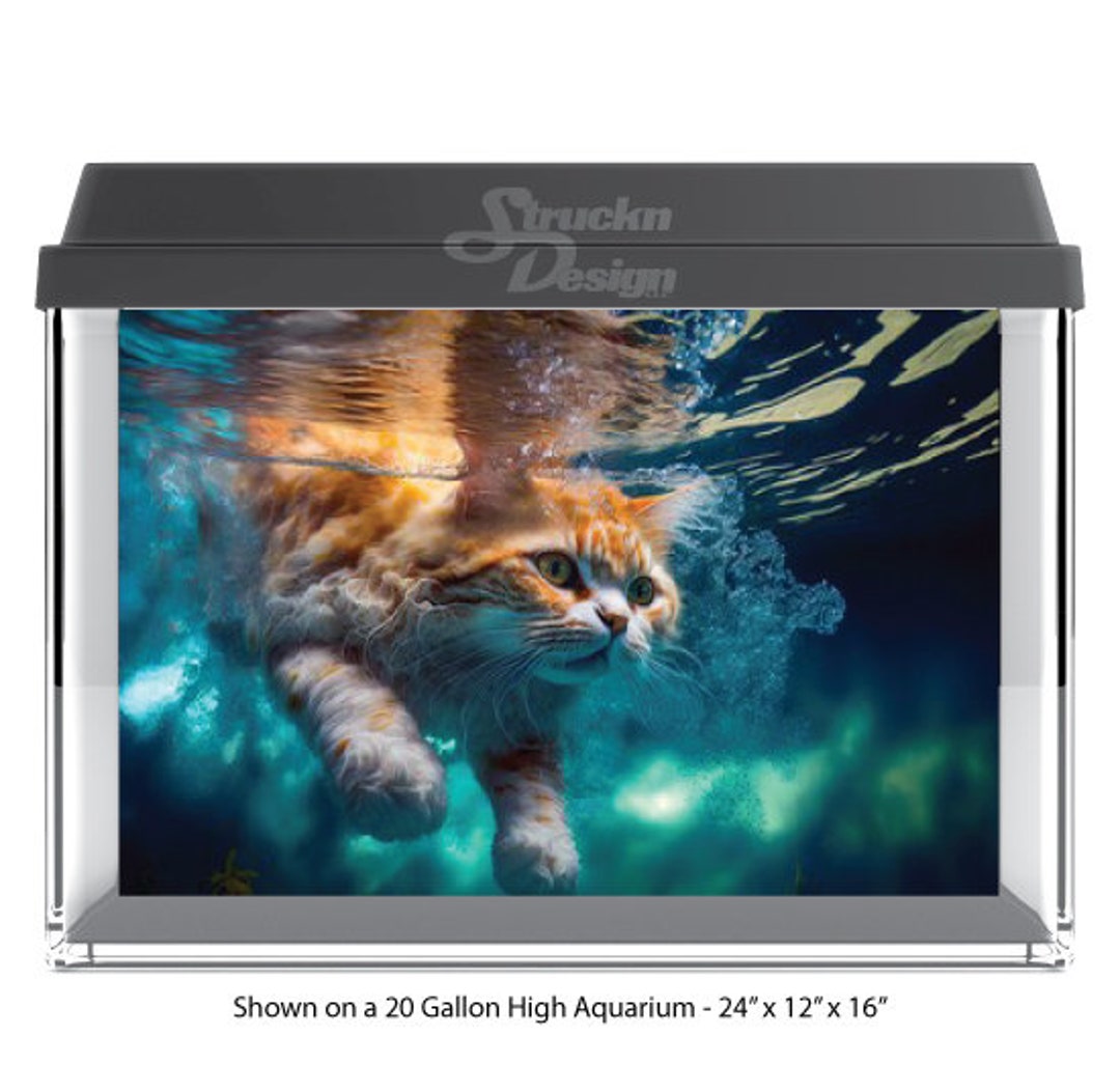 Ginger Fluffy Cat Swimming Underwater Cyan Water 10mil Polyester Fish ...