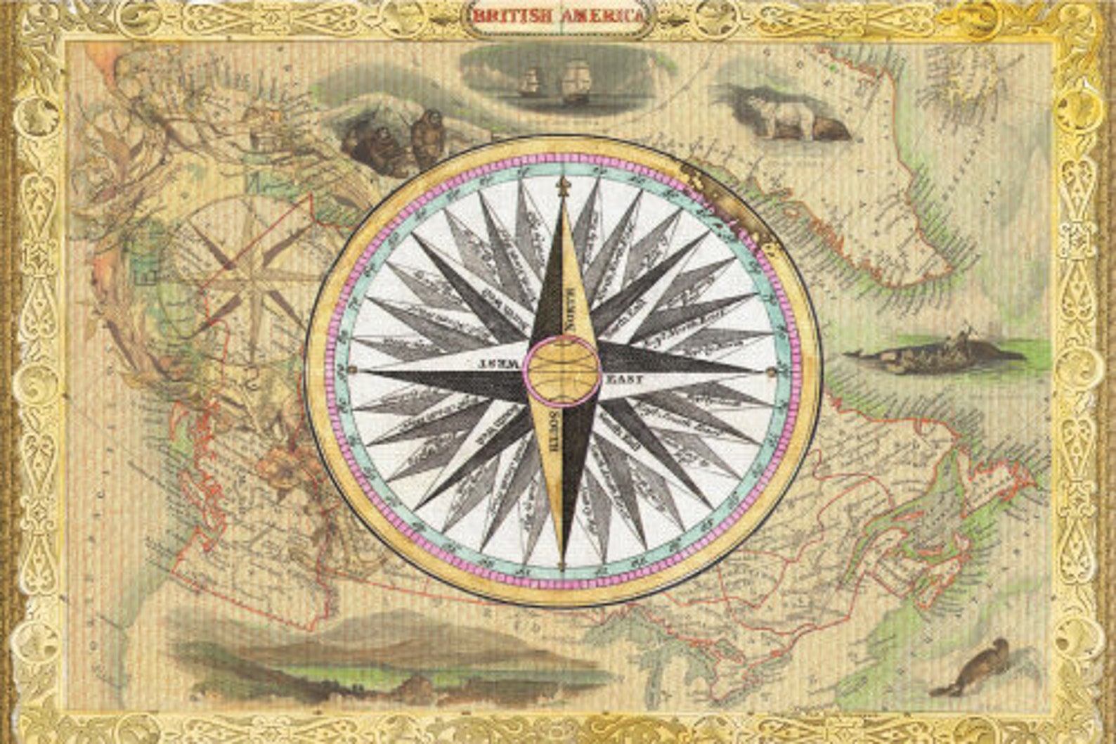 British America Compass Old Time Map World Poster Print Paper | Etsy