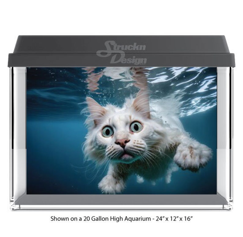 Fluffy White Cat Swimming Underwater Teal Water 10mil Polyester Fish ...
