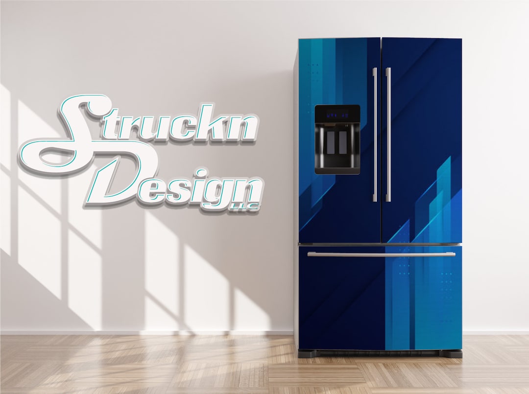 Modern Blue Graphic Lines Tech Glowing Refrigerator Fridge Freezer Wrap ...