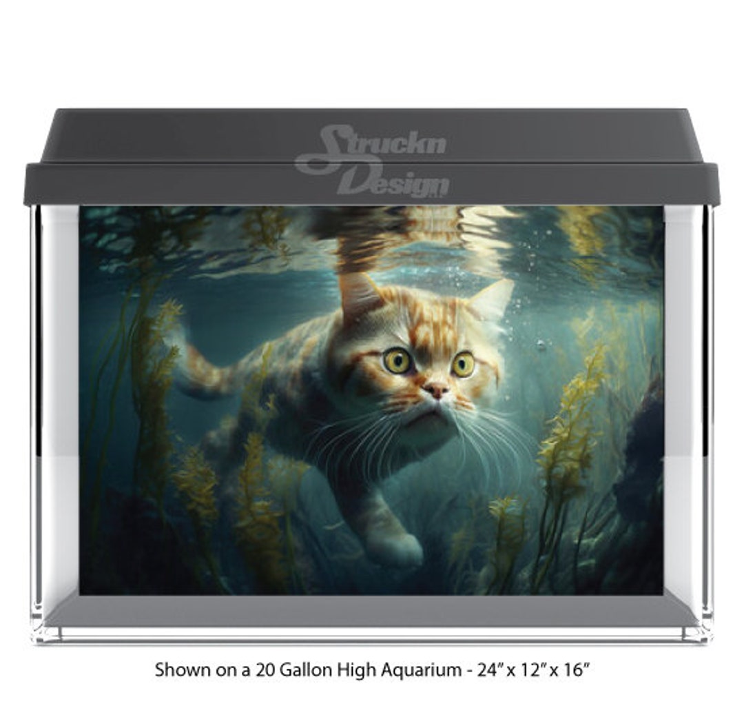 Ginger Cute Swimming Cat Orange Cyan Underwater 10mil Polyester Fish ...
