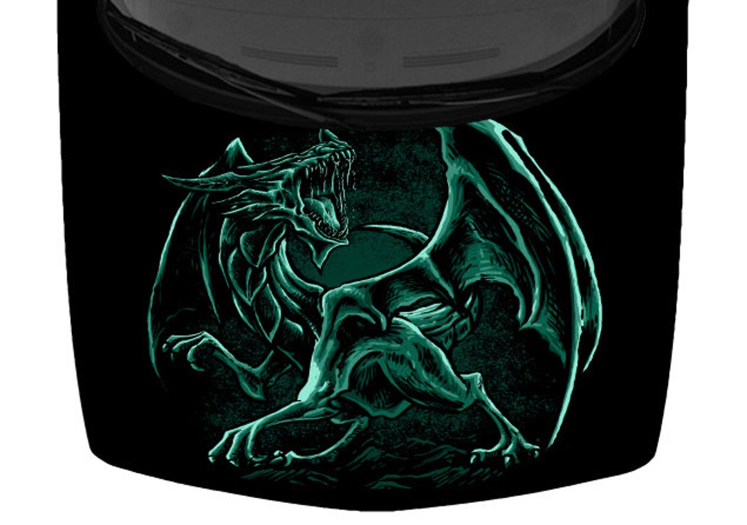 Light Teal Winged Dragon Face Snarling Black Truck Car Kapuze Wrap ...