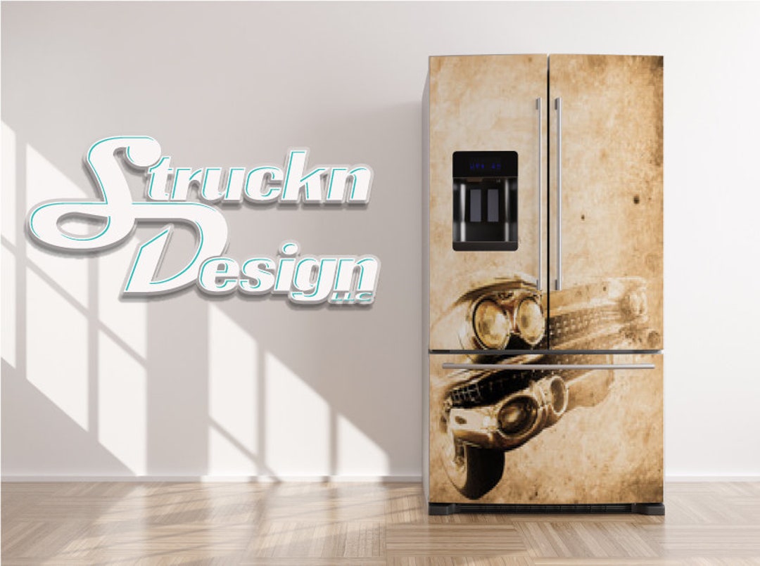 Beige Vintage Car Design Refrigerator Fridge Freezer Wrap Side by Side ...