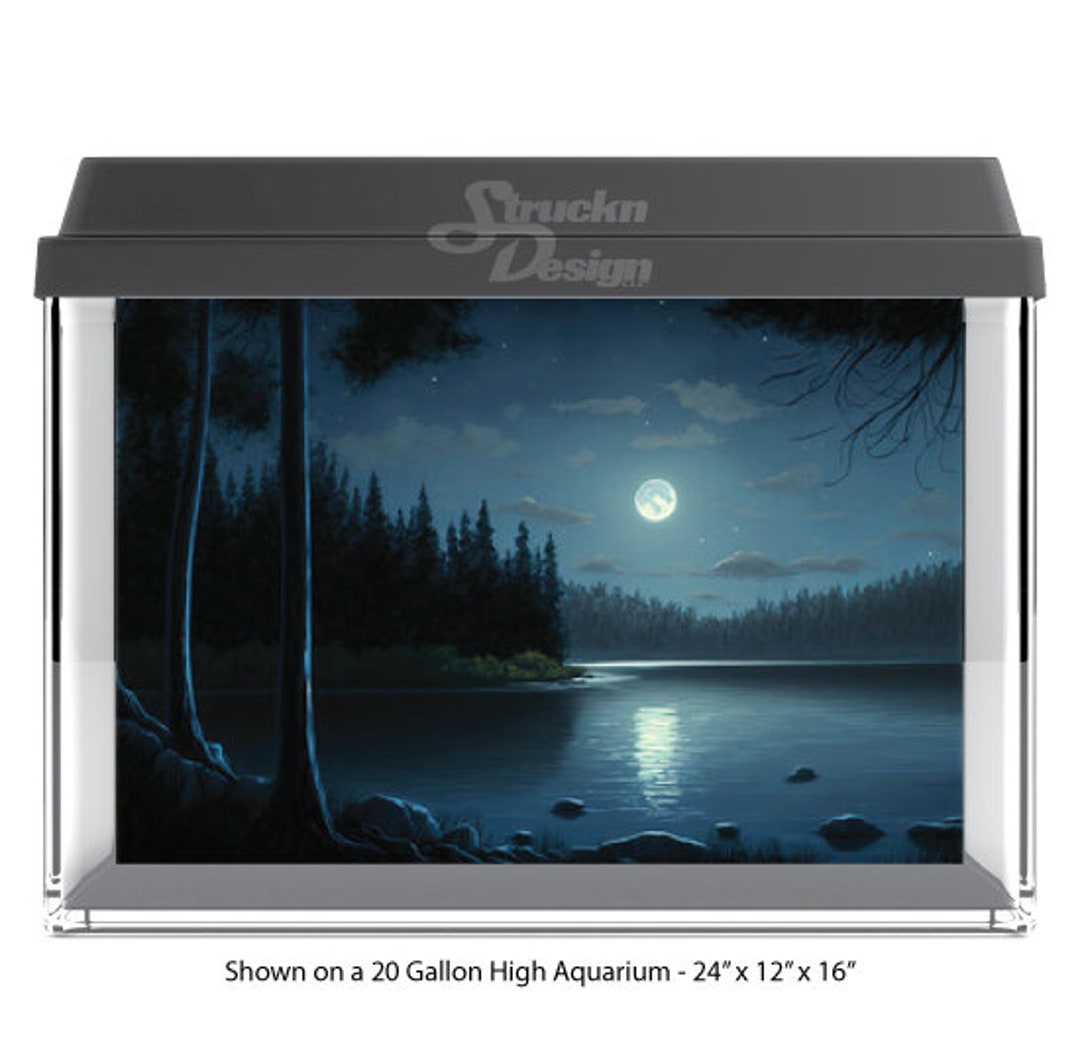 Moon Light Dark Night Forest Lake Pine Trees 10mil Polyester Fish Tank ...