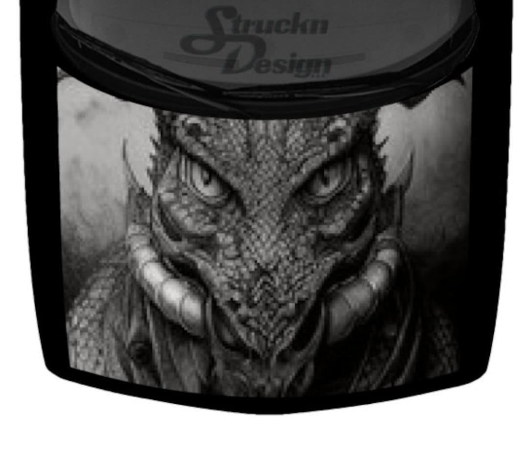 Grayscale Scaled Glaring Dragon Horned Mouth Rustic Truck Car Pickup ...