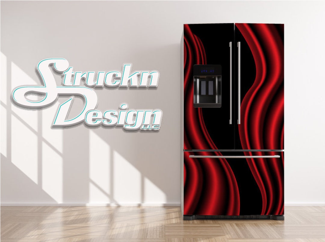 Elegant Waving Red Satin Fabric Black Refrigerator Fridge Freezer Wrap ...