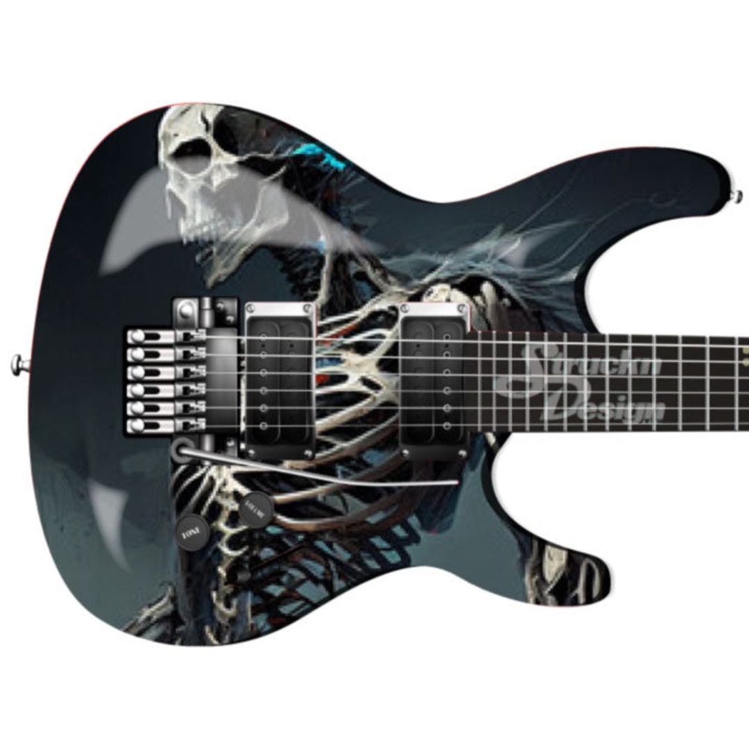 Skull Skeleton Cyan Grey Black Guitar Bass Metal Vinyl Wrap Skin Decal ...
