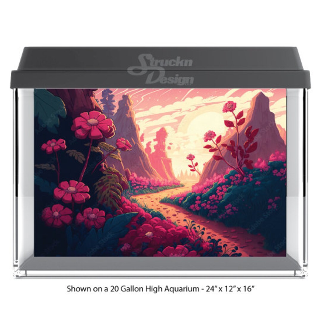 Anime Style Flower Pink Rocky Sunset 10mil Polyester Aquarium Tank ...