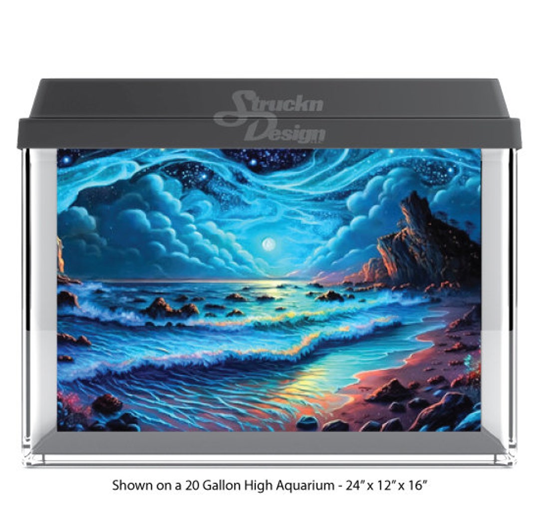 Glowing Light Blue Clouds Moon Dark Mountains 10mil Polyester Fish Tank ...