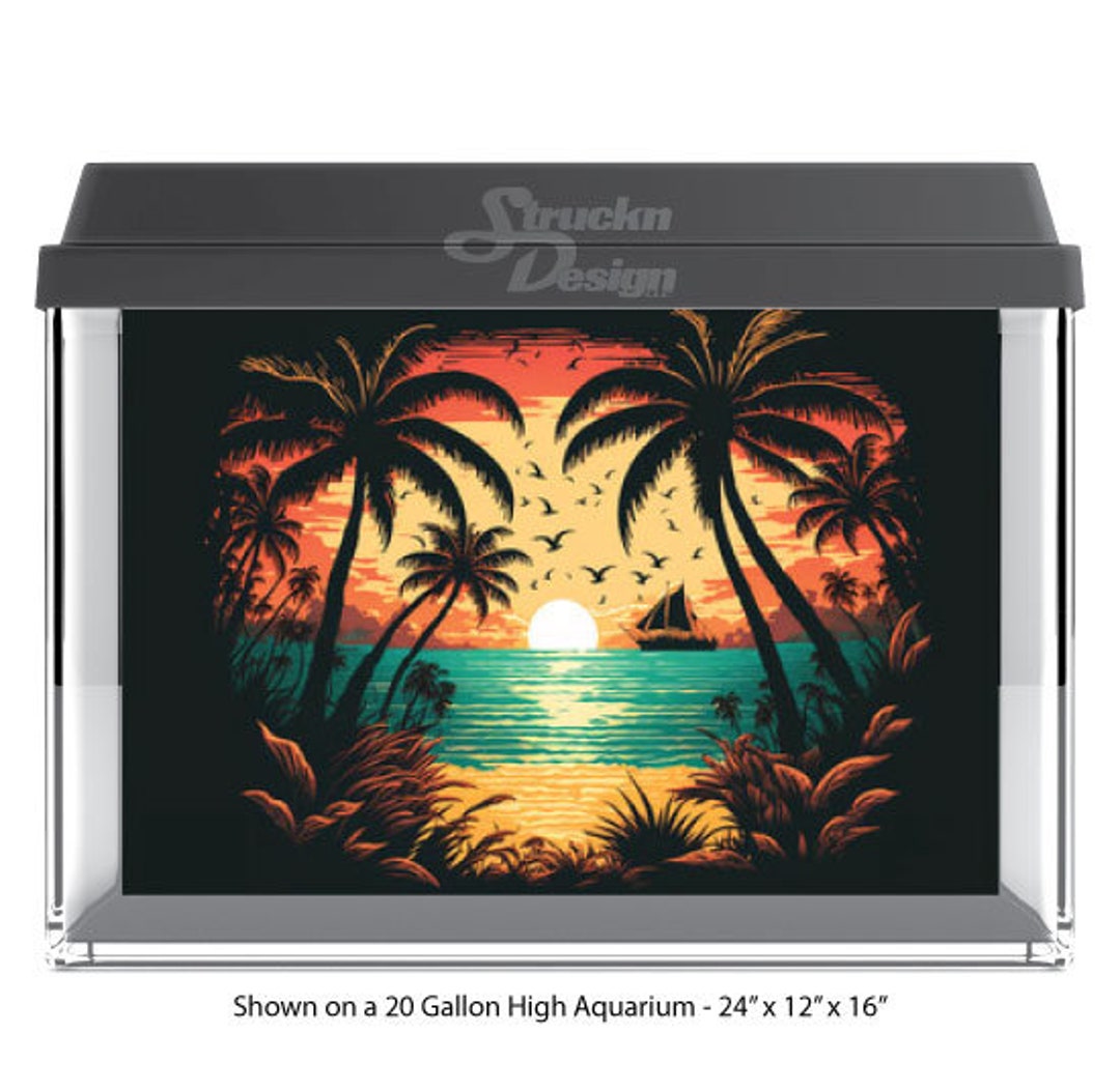 Sunset Beach Ocean Dark Palm Trees Water Sand 10mil Polyester Fish Tank ...