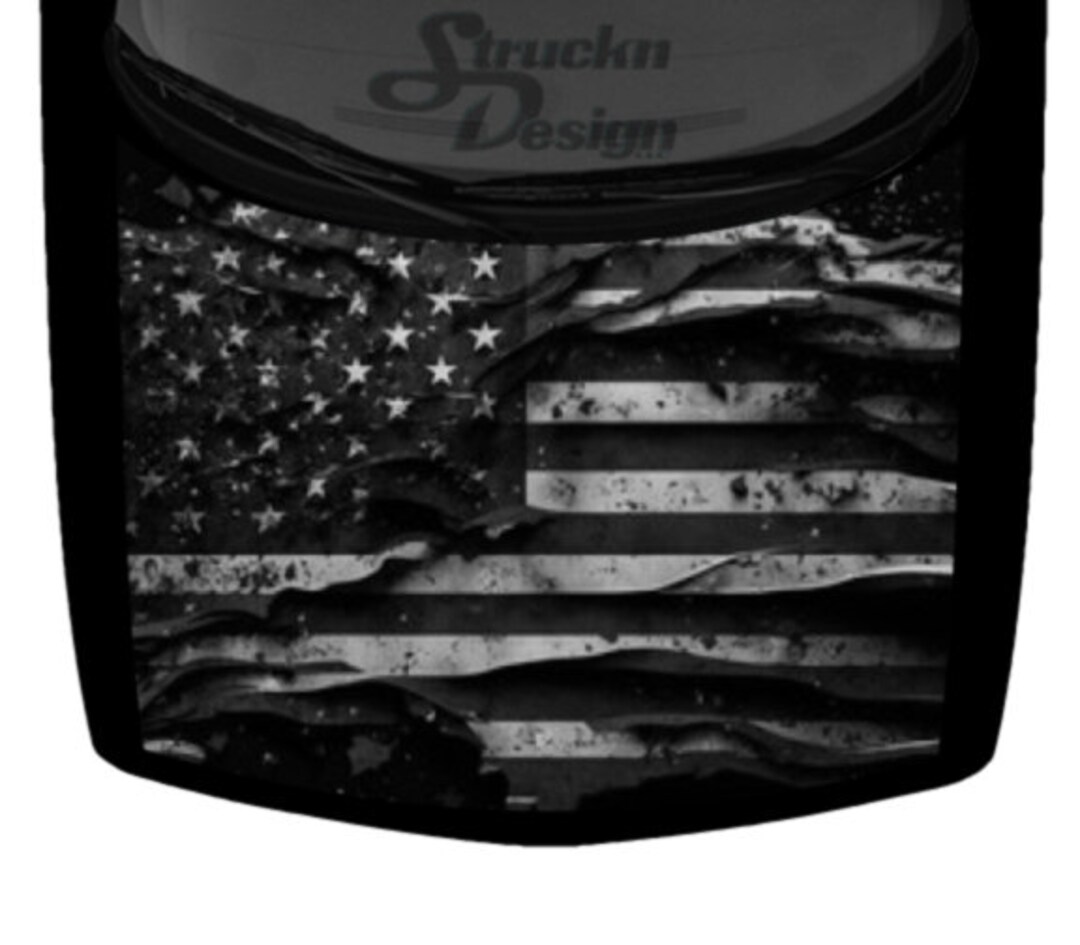 Gray Ripped Tattered American Flag Waving Dark Hood Wrap Truck Car ...