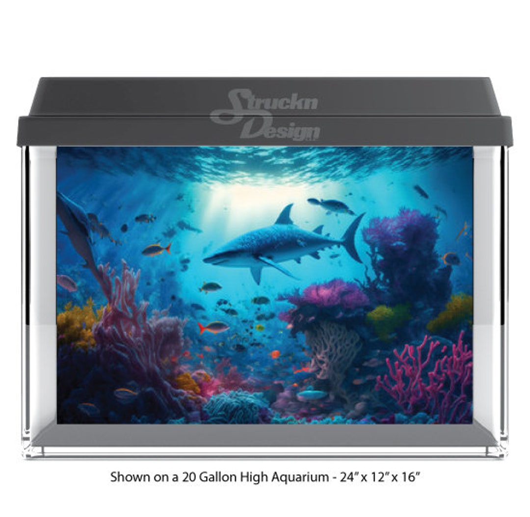 Sun Rays Shark Ocean Coral Reef Fish Hills 10mil Polyester Fish Tank ...