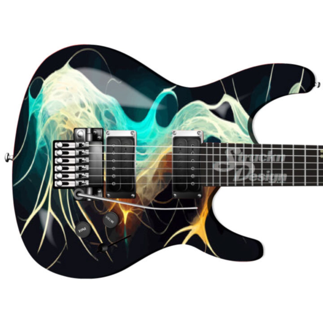 Teal Big Paint Splash Yellow Black Bass Metal Vinyl Guitar Wrap Skin ...