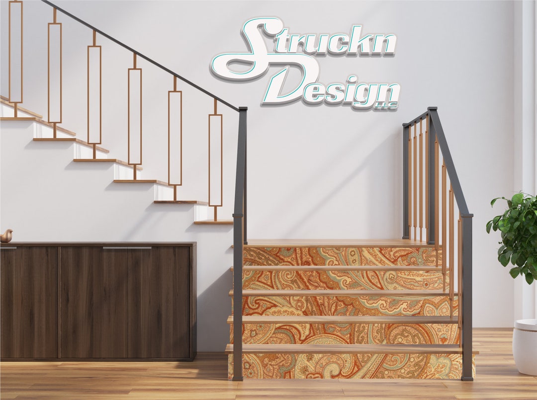 Brown Teal Floral Paisley 70s Retro Stair Riser Staircase Wrap Vinyl ...