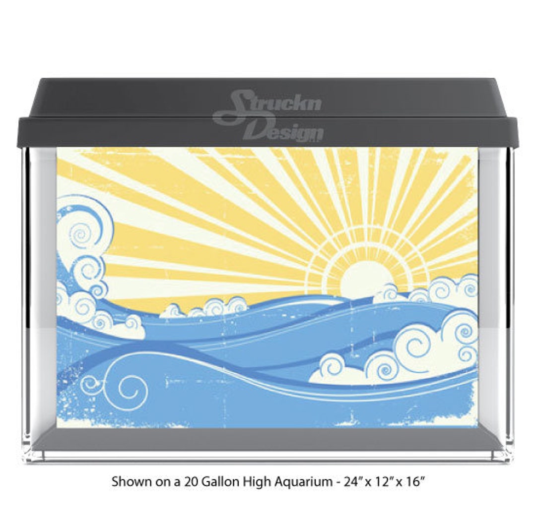 Drawn Yellow Sun Blue Waves Water Underwater 10mil Polyester Fish Tank ...