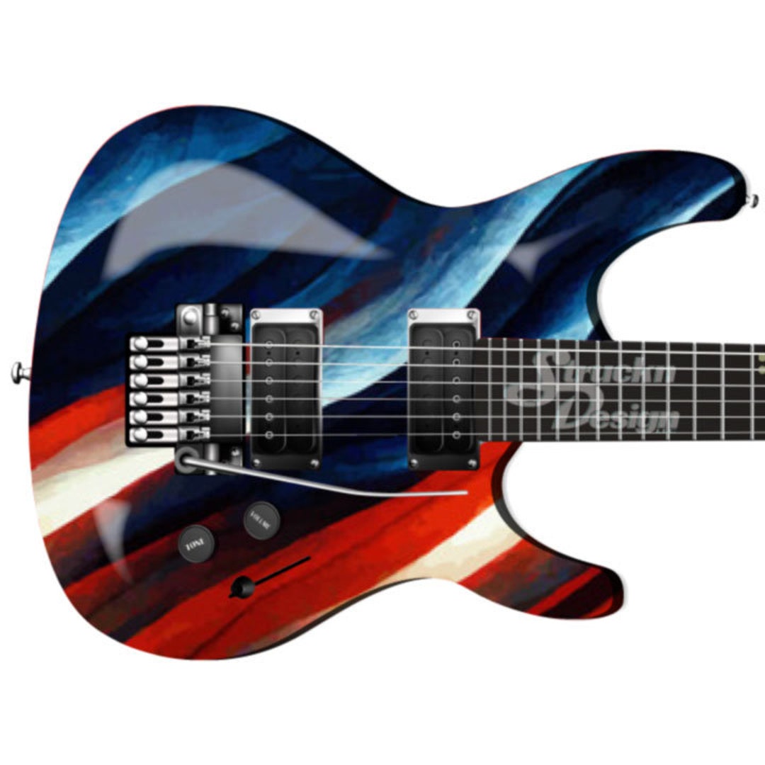 Red White Dark Blue Waves Marble Bass Metal Vinyl Guitar Wrap Skin ...