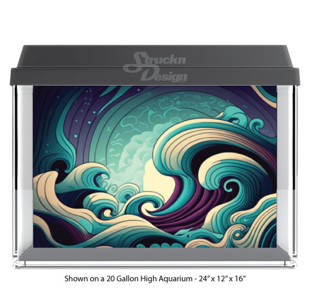 Painted Drawn Ocean Sea Waves Cyan Purple 10mil Polyester Fish Tank ...