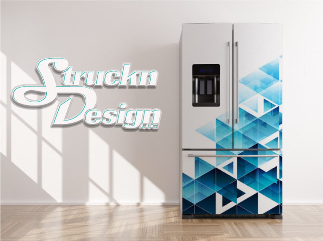 Blue Glossy Broken up Triangles White Refrigerator Fridge Freezer Wrap ...