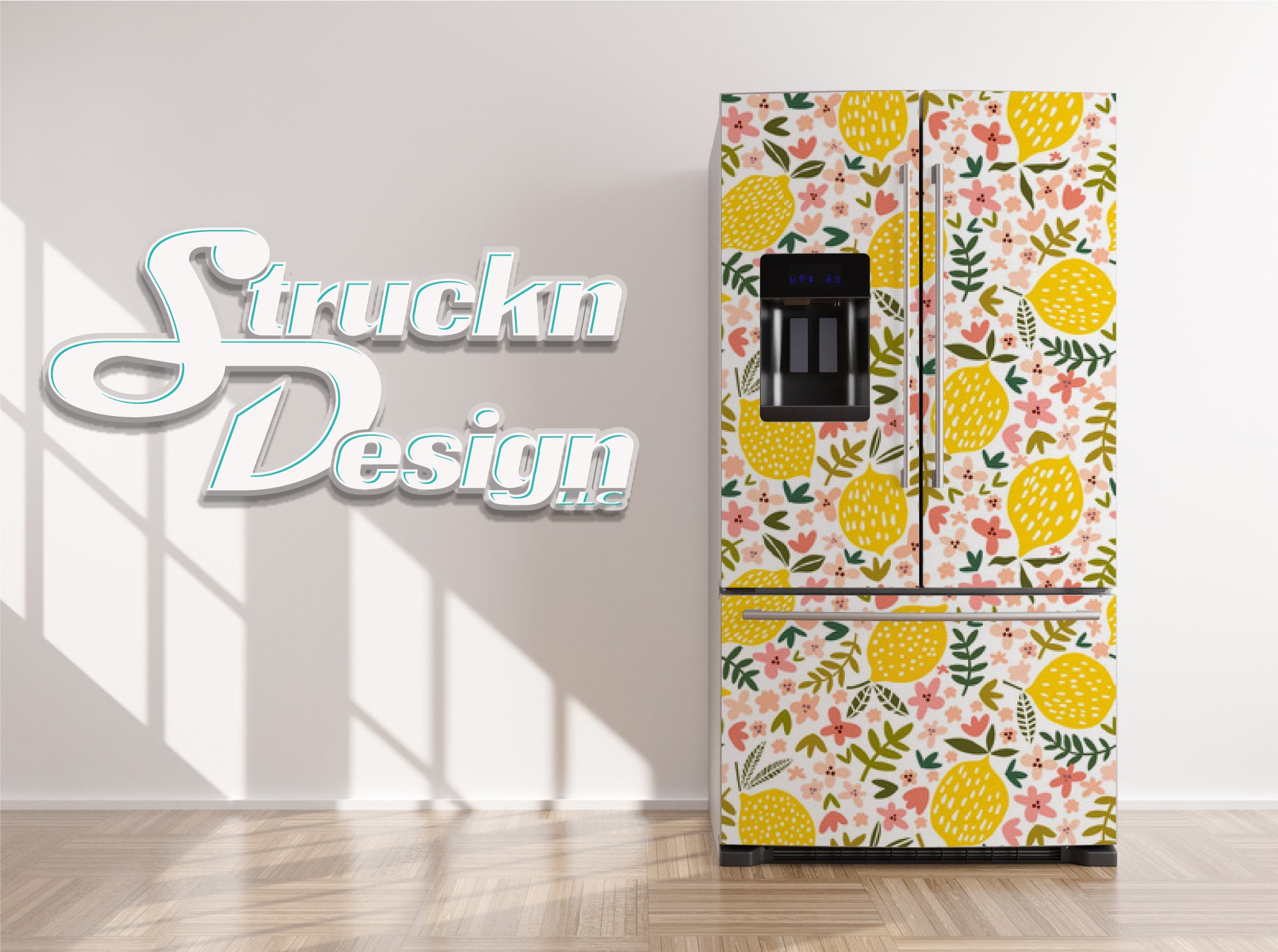 Watercolor Lemon Pink Flower Pattern Refrigerator Fridge Freezer Wrap ...