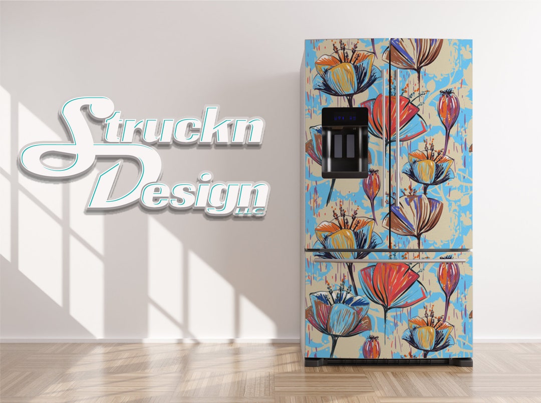 Artistic Illustrated Tulip Flower Blue Red Refrigerator Fridge Freezer ...
