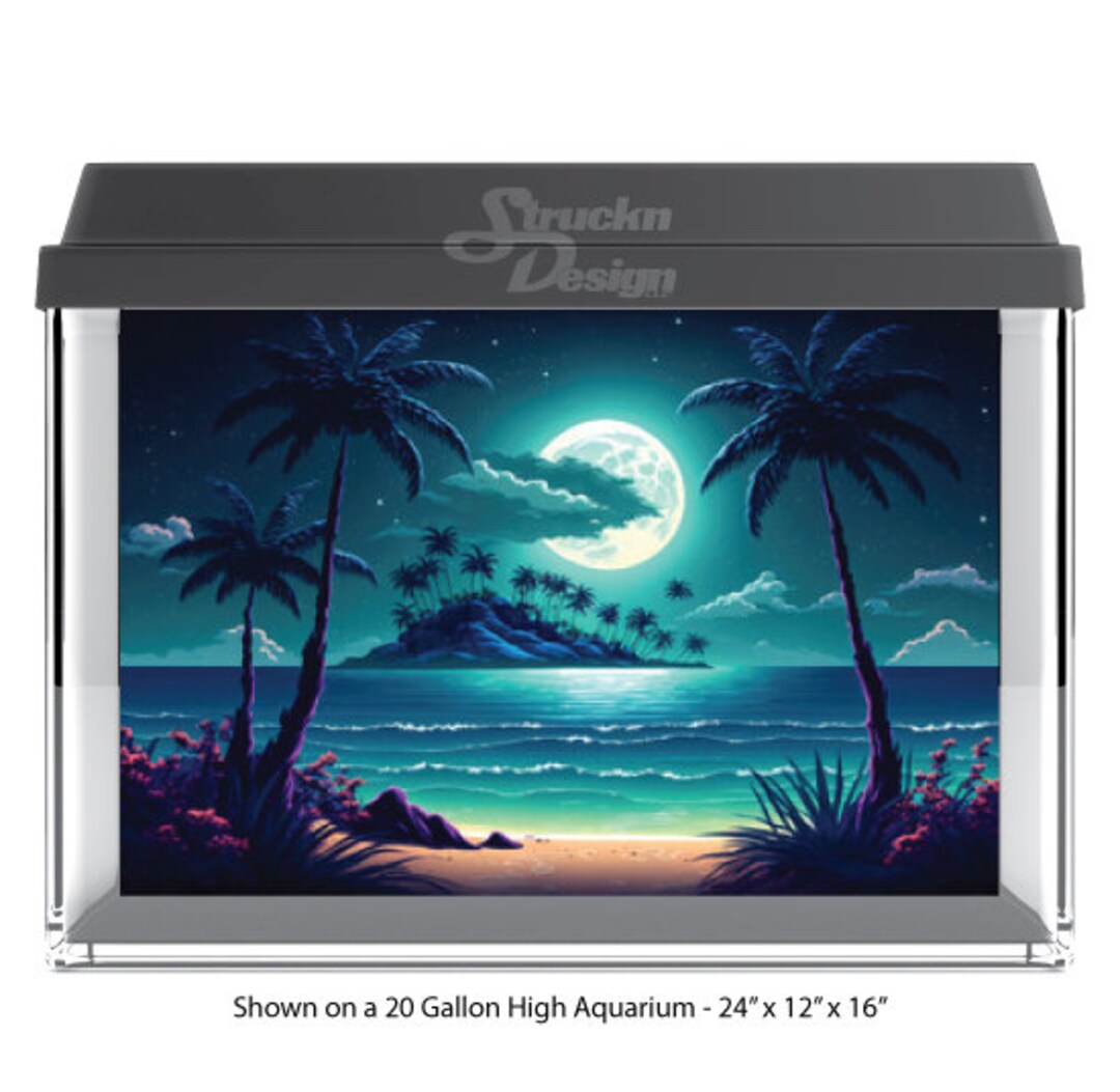 Moon Night Dark Sandy Beach Ocean Sea Island Cyan 10mil Polyester Fish ...